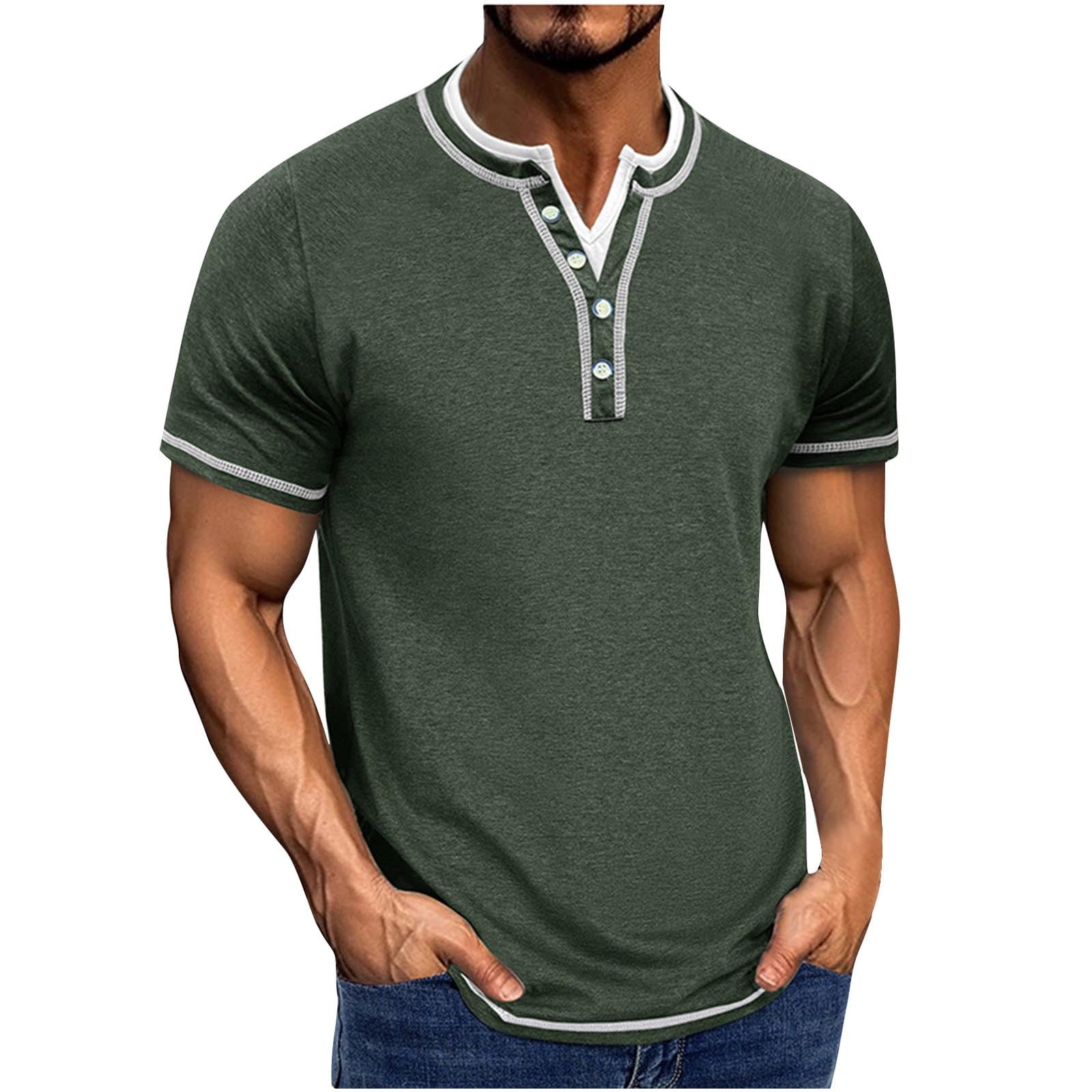 Black Mens Button Top Short Sleeve Blouses for Man Crew Collared Henley ...
