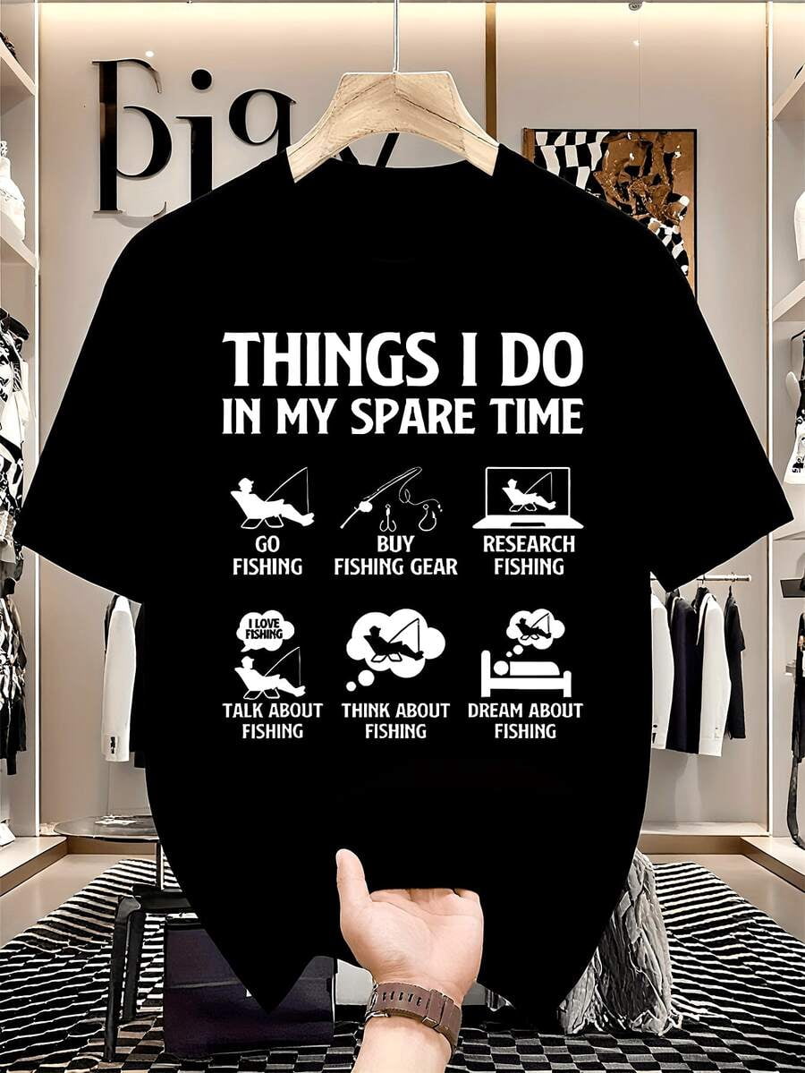 Black Mens Casual O-Neck Graphic T-Shirt With Fishing Quote Print ...