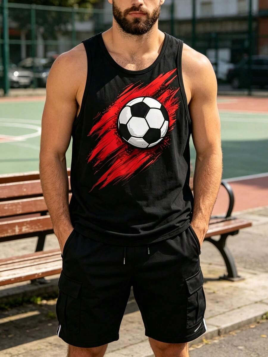 Black Mens Casual Tank Top With Soccer Ball Graphic And Red Brushstroke ...