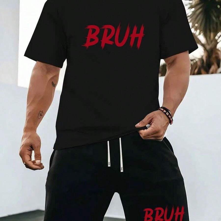 Black Mens Casual Two-Piece Set: Round Neck Short Sleeve T-Shirt ...