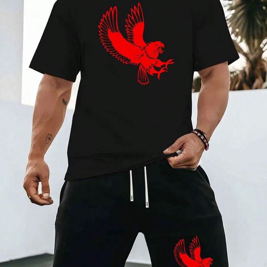 Black Mens Casual Two-Piece Set: Round Neck Short Sleeve T-Shirt ...