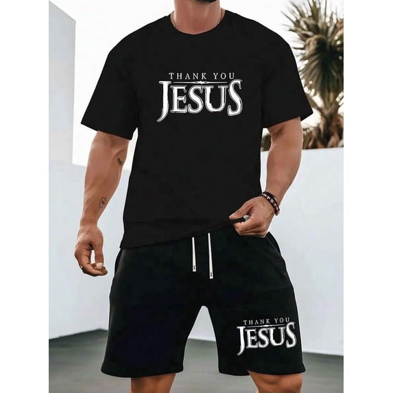 Black Mens Casual Two-Piece Set: Round Neck Short Sleeve T-Shirt ...