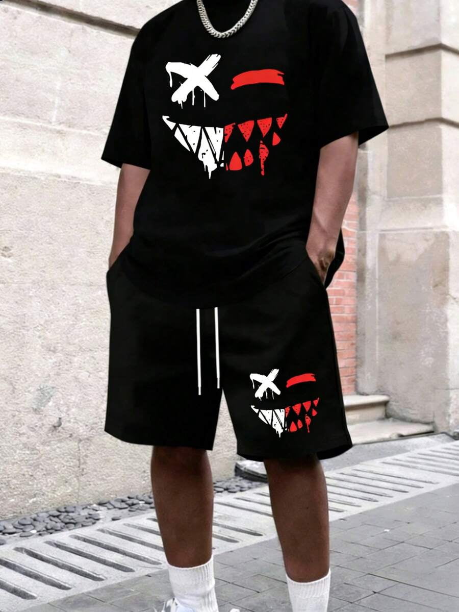 Black Mens Casual Two-Piece Set: Short-Sleeve T-Shirt And Shorts With X ...