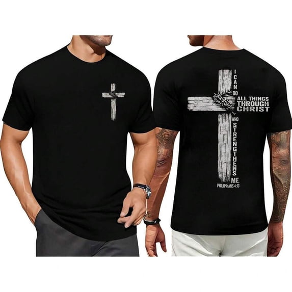 Black Mens Christian Graphic T-Shirt With Cross And Philippians 4:13 ...
