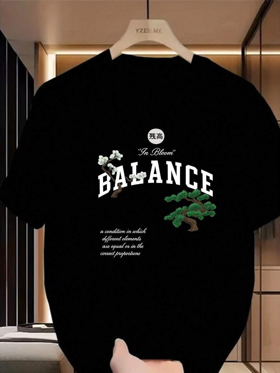Black Mens Cotton Short-Sleeve T-Shirt With Balanced Graphic Print And ...