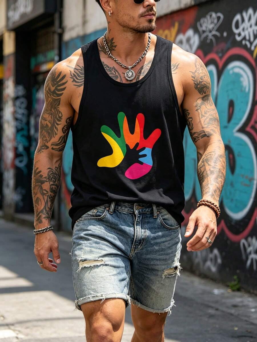 Black Mens Cotton Tank Top With Rainbow Hand Print Graphic - Walmart.com