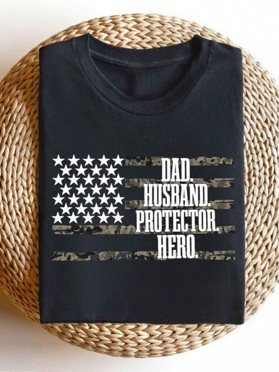 Black Mens Crew Neck Graphic T-Shirt: Dad Husband Protector Hero ...