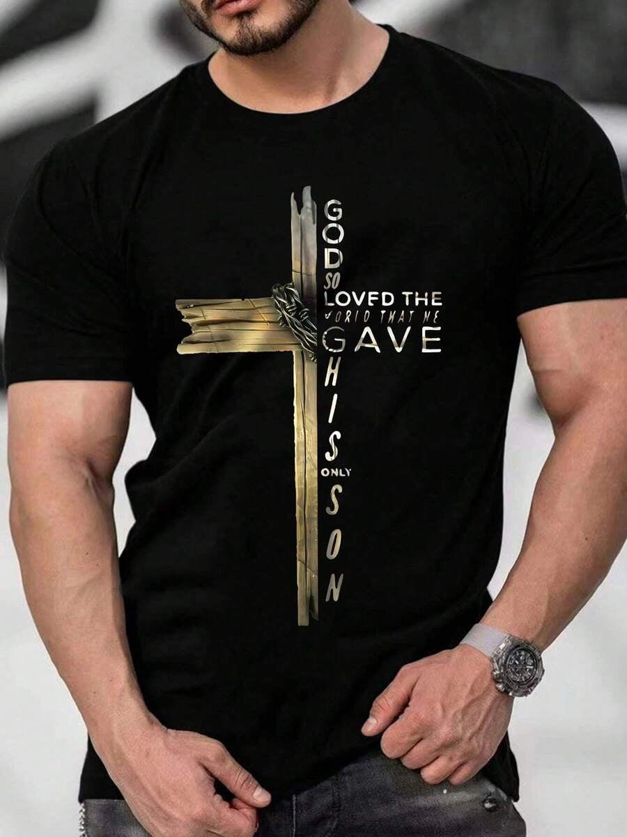 Black Mens Crew Neck Graphic T-Shirt With Cross And Bible Verse Print ...