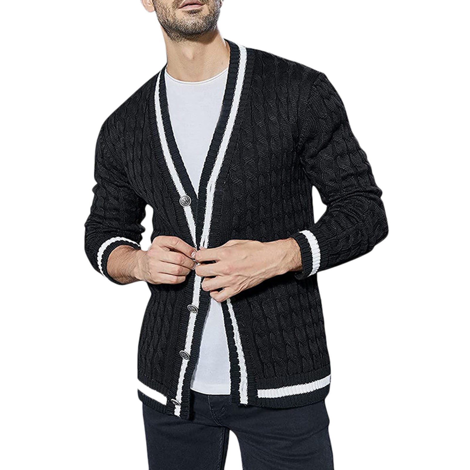 Black Mens Fashion Color Matching Cardigan Sweater Cardigan Mens ...