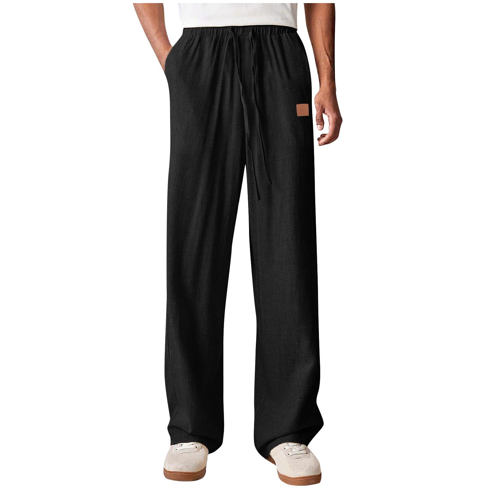 Black Mens Faux Gauze Linen Pants Wild Cargo Pants for Man Loose Fit Flared Bell Bottom Tie Knot ...