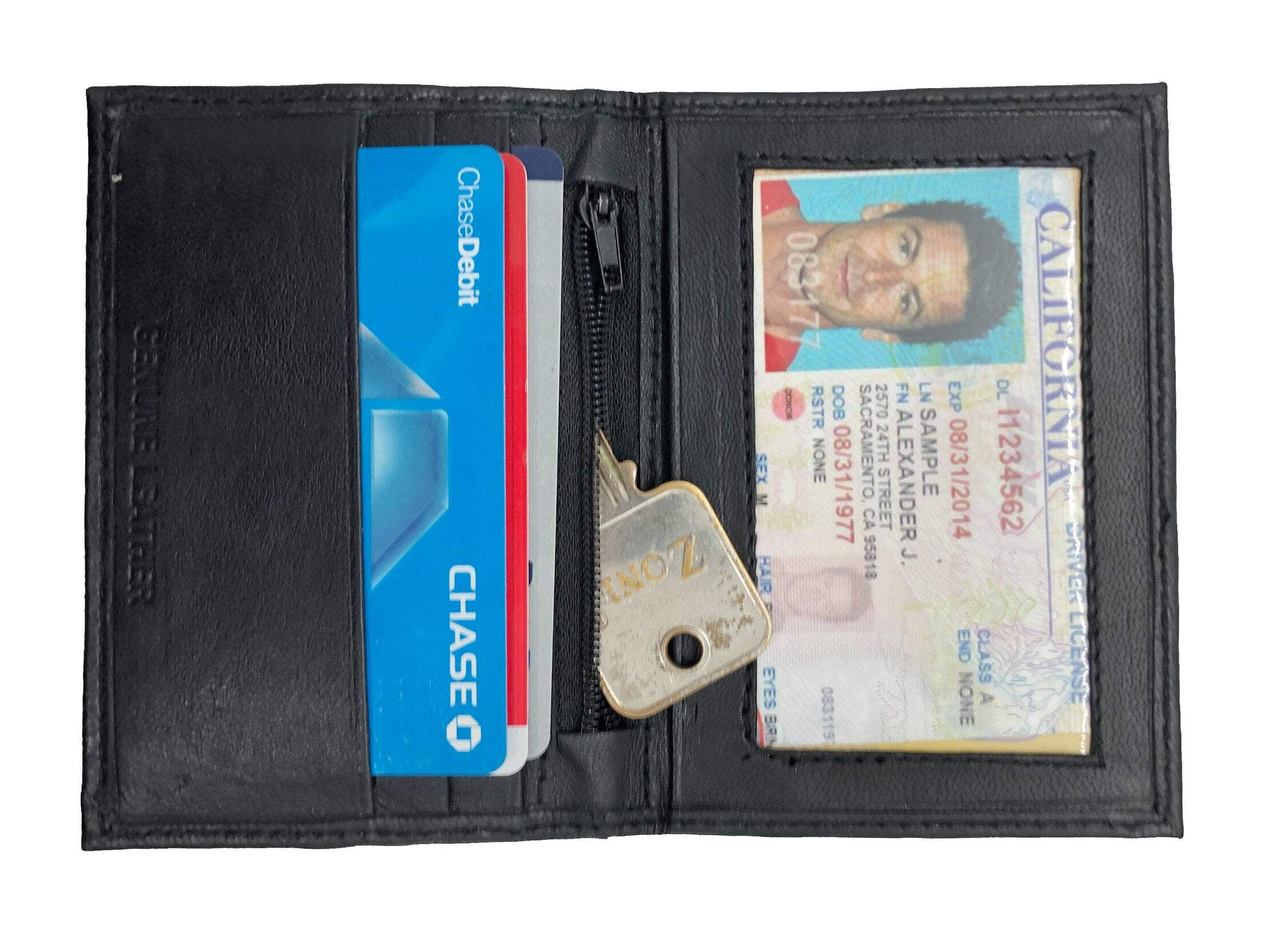Black Mens Genuine Leather Bifold ID License Card Holder Wallet Zip ...