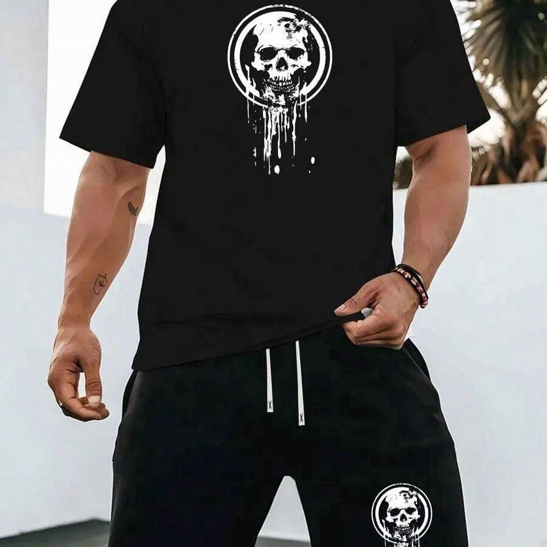 Black Mens Gothic Skull Print Casual T-Shirt And Jogger Set, Round Neck ...