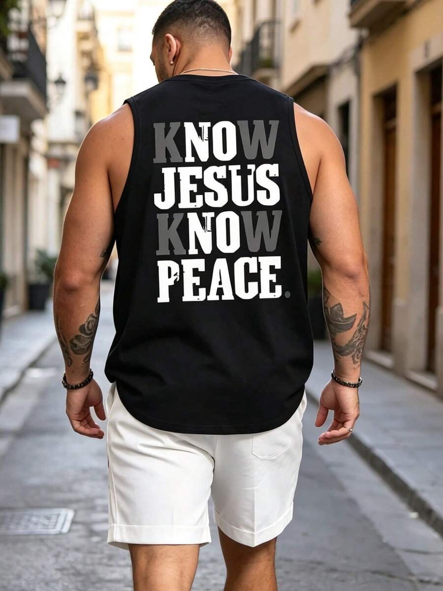 Black Mens Graphic Print Muscle Tank Top - Know Jesus Know Peace Design ...