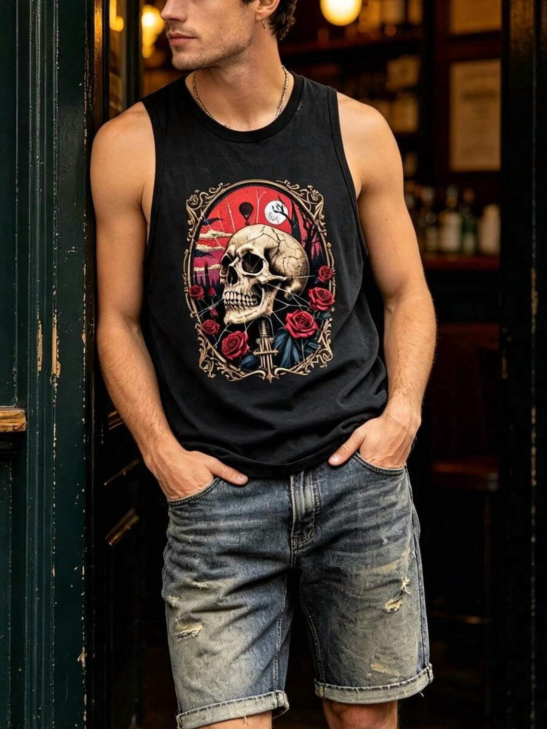 Black Mens Graphic Sleeveless Tank Top With Skull, Roses And Sword ...