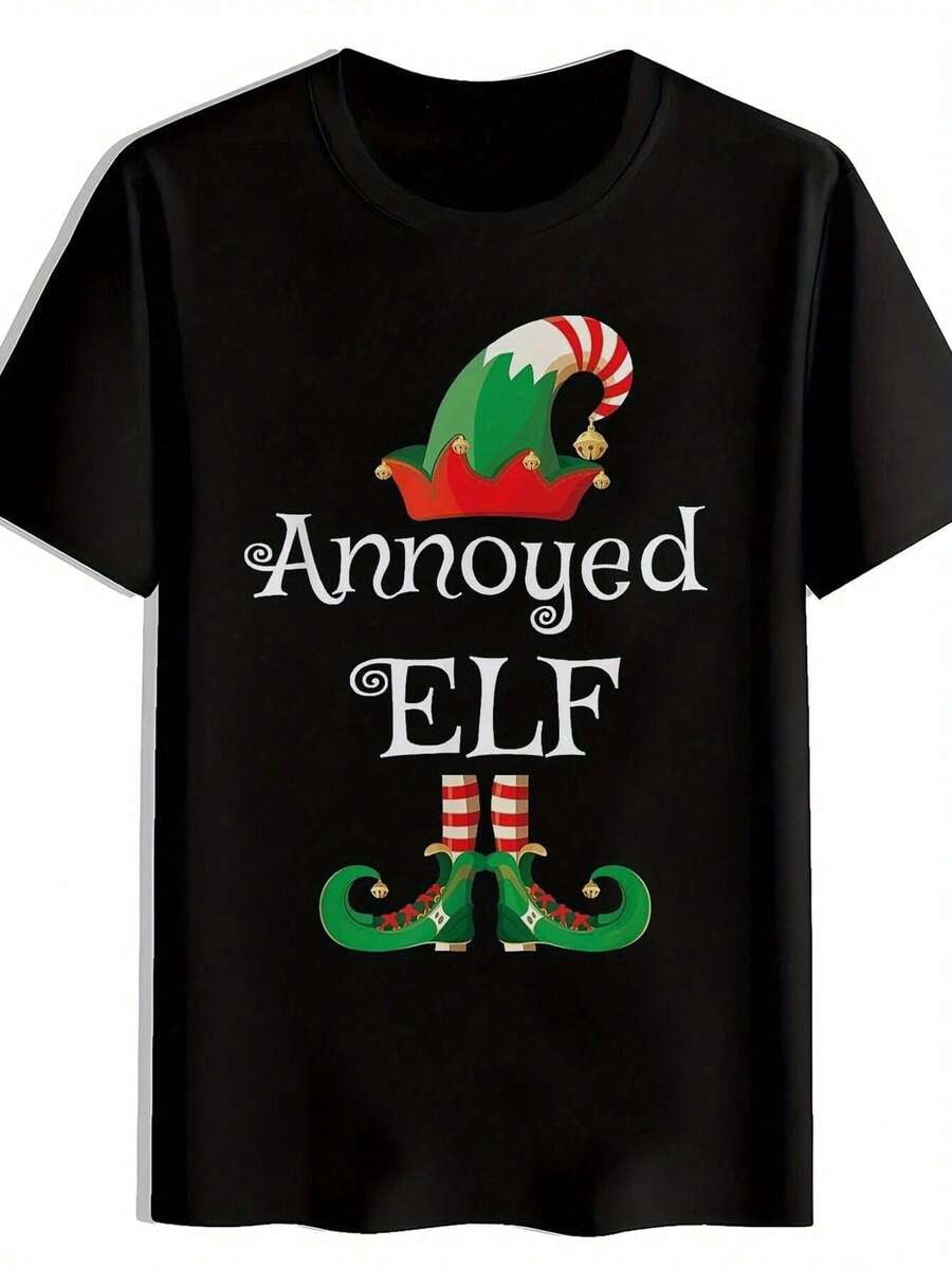 Black Mens Graphic T-Shirt - Annoyed Elf Humorous Design With Green Hat ...