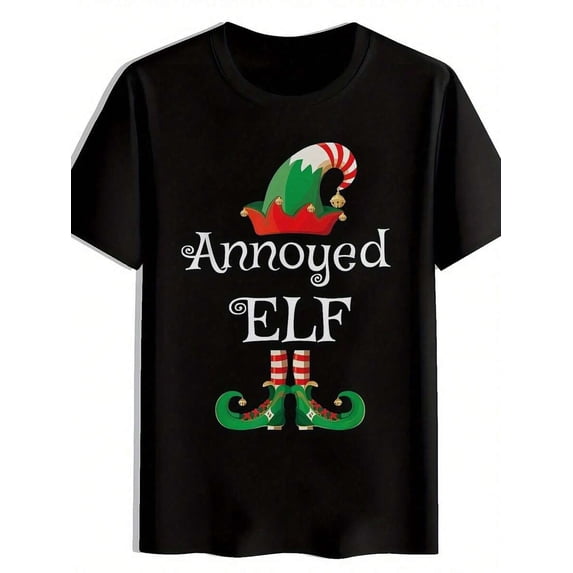 Black Mens Graphic T-Shirt - Annoyed Elf Humorous Design With Green Hat ...