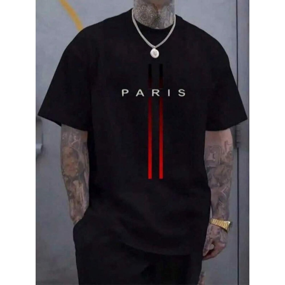 Black Mens Graphic T-Shirt With Paris Print And Red Stripes, Loose Fit ...