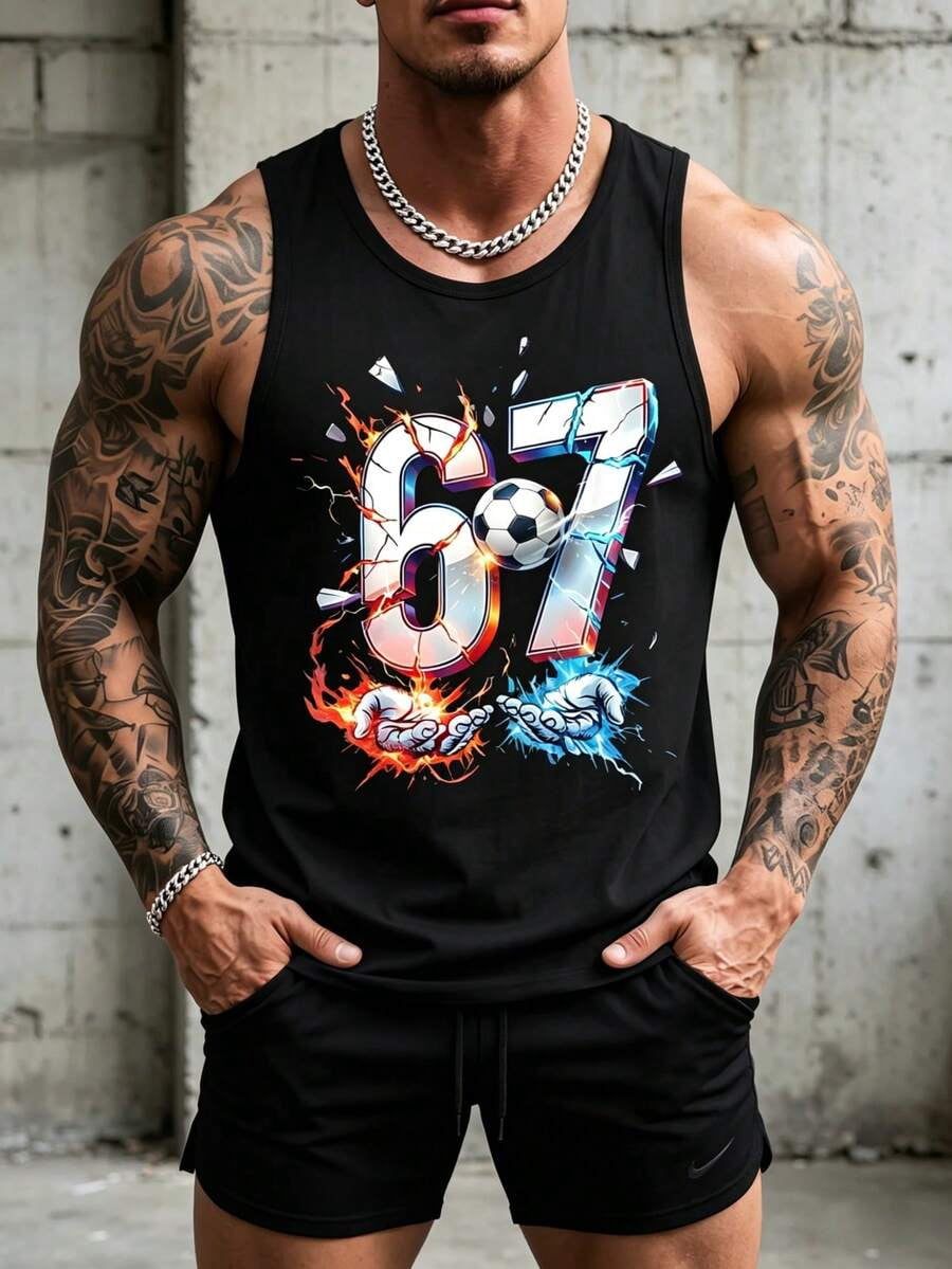 Black Mens Graphic Tank Top With 67 Football Design, Fire And Ice Hands ...