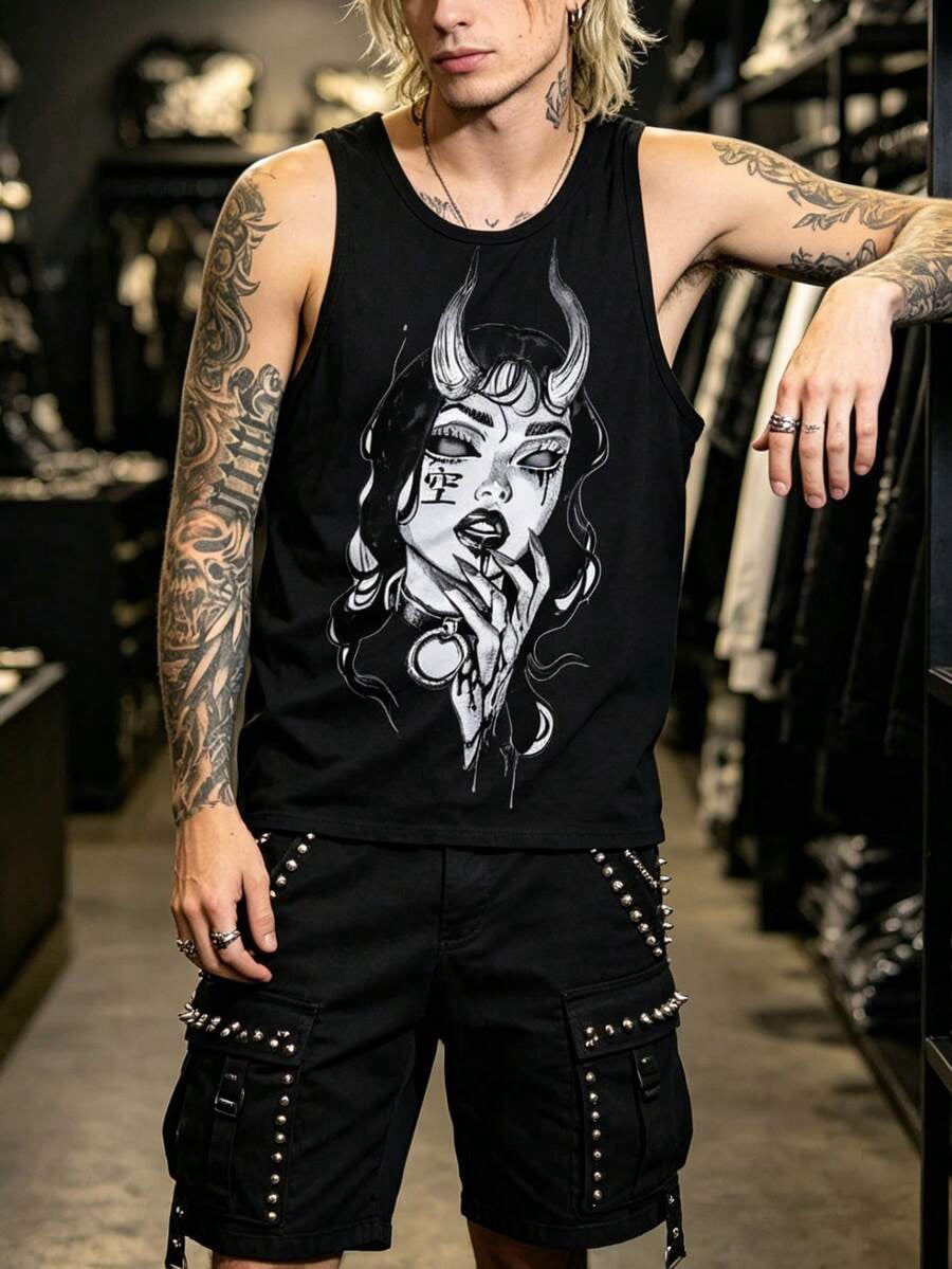 Black Mens Graphic Tank Top With Demonic Horned Figure Print And ...
