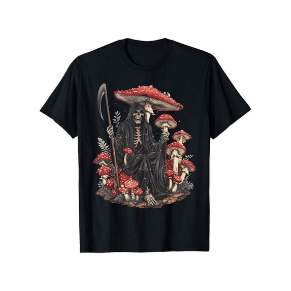 Black Mens Grim Reaper Cottagecore Mushroom Graphic T-Shirt - 100% ...