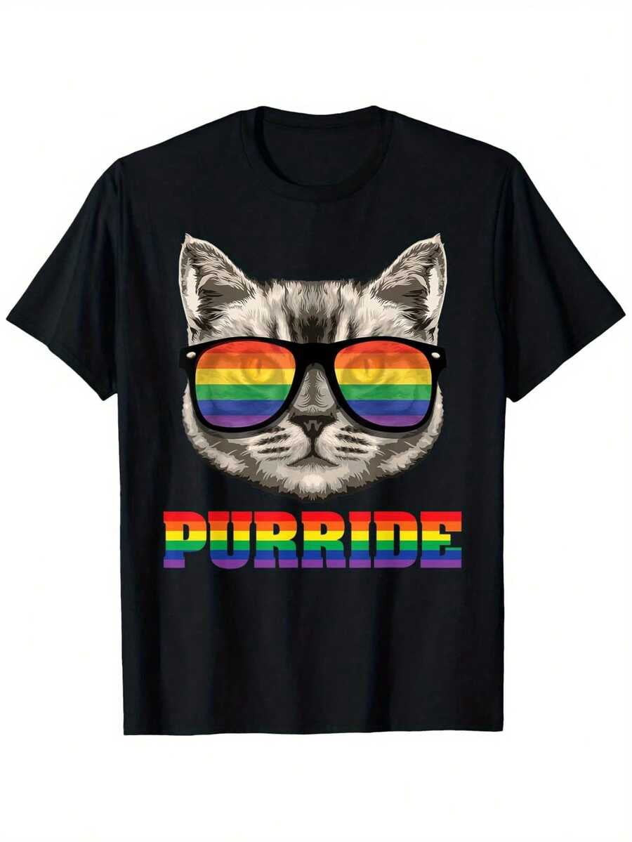 Black Mens LGBTQ Pride T-Shirt With Rainbow Cat Graphic Purride Round ...