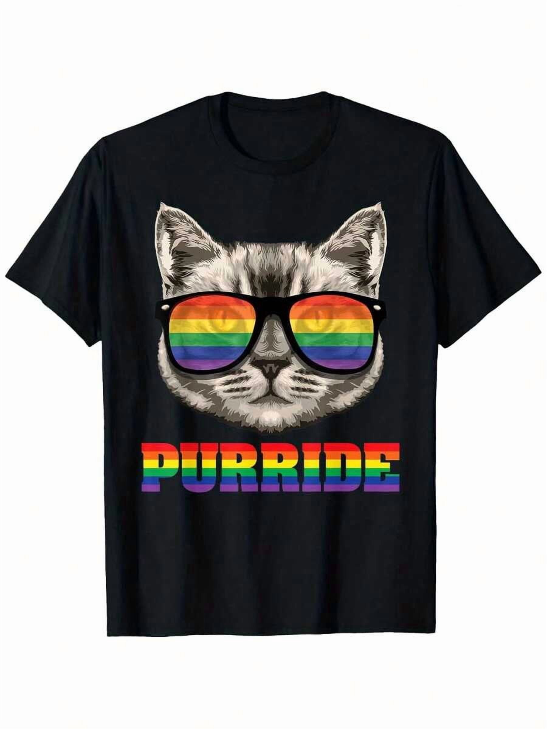 Black Mens LGBTQ Pride T-Shirt With Rainbow Cat Graphic Purride Round ...