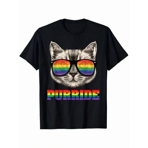 Black Mens LGBTQ Pride T-Shirt With Rainbow Cat Graphic Purride Round ...