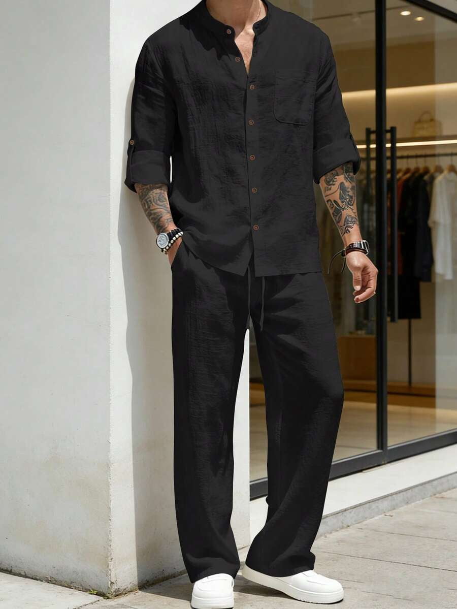 Black Mens Lightweight Loose Fit Summer Outfit: Long Sleeve Button-Up ...