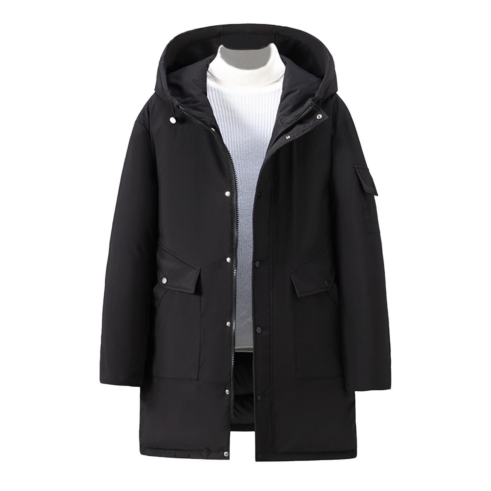 Black Mens Long Down Jackets Hoods Outfit for Man Padded Thick Thermal ...