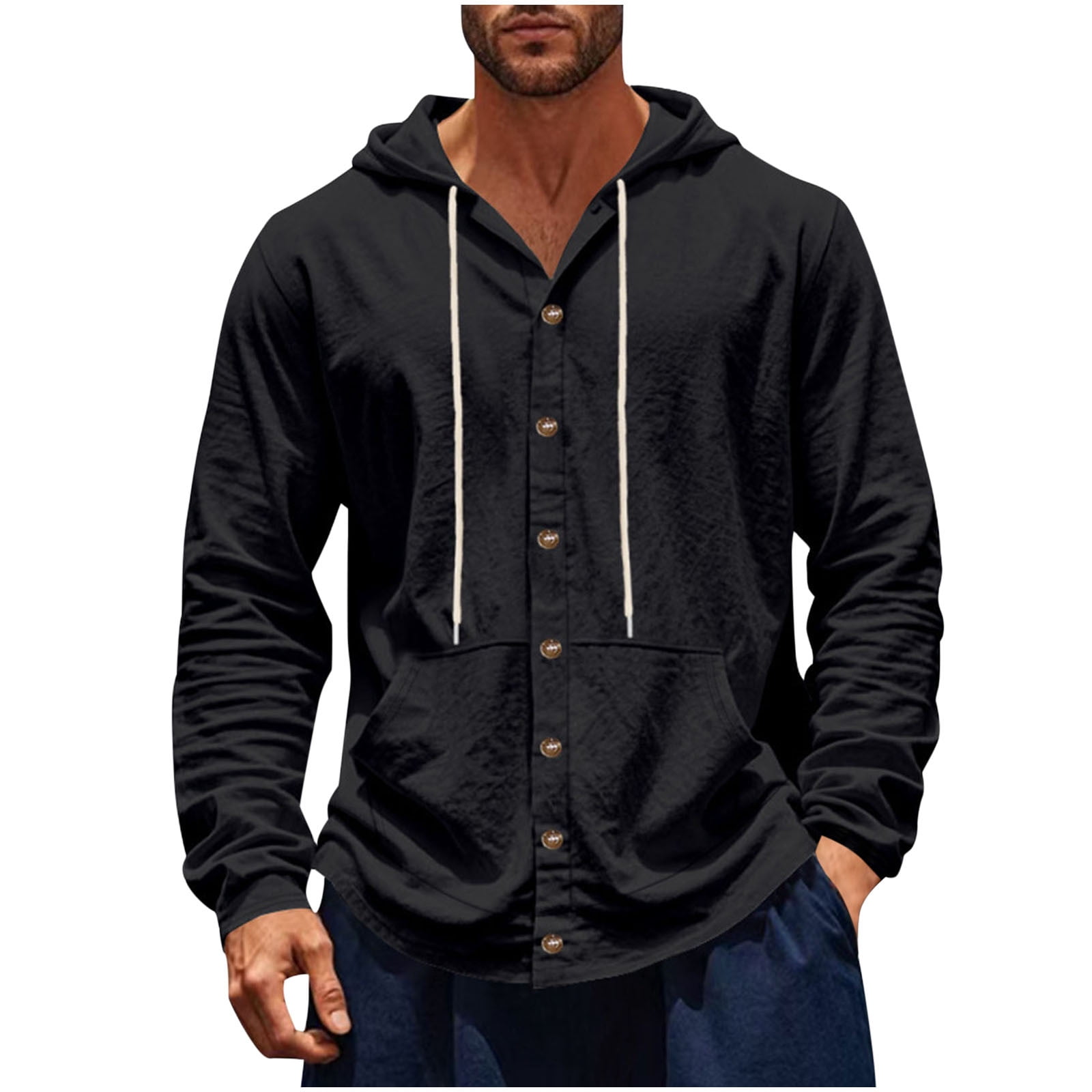 Black Mens Long Sleeve Hoods Outfits for Mens Faux Linen Lounge ...
