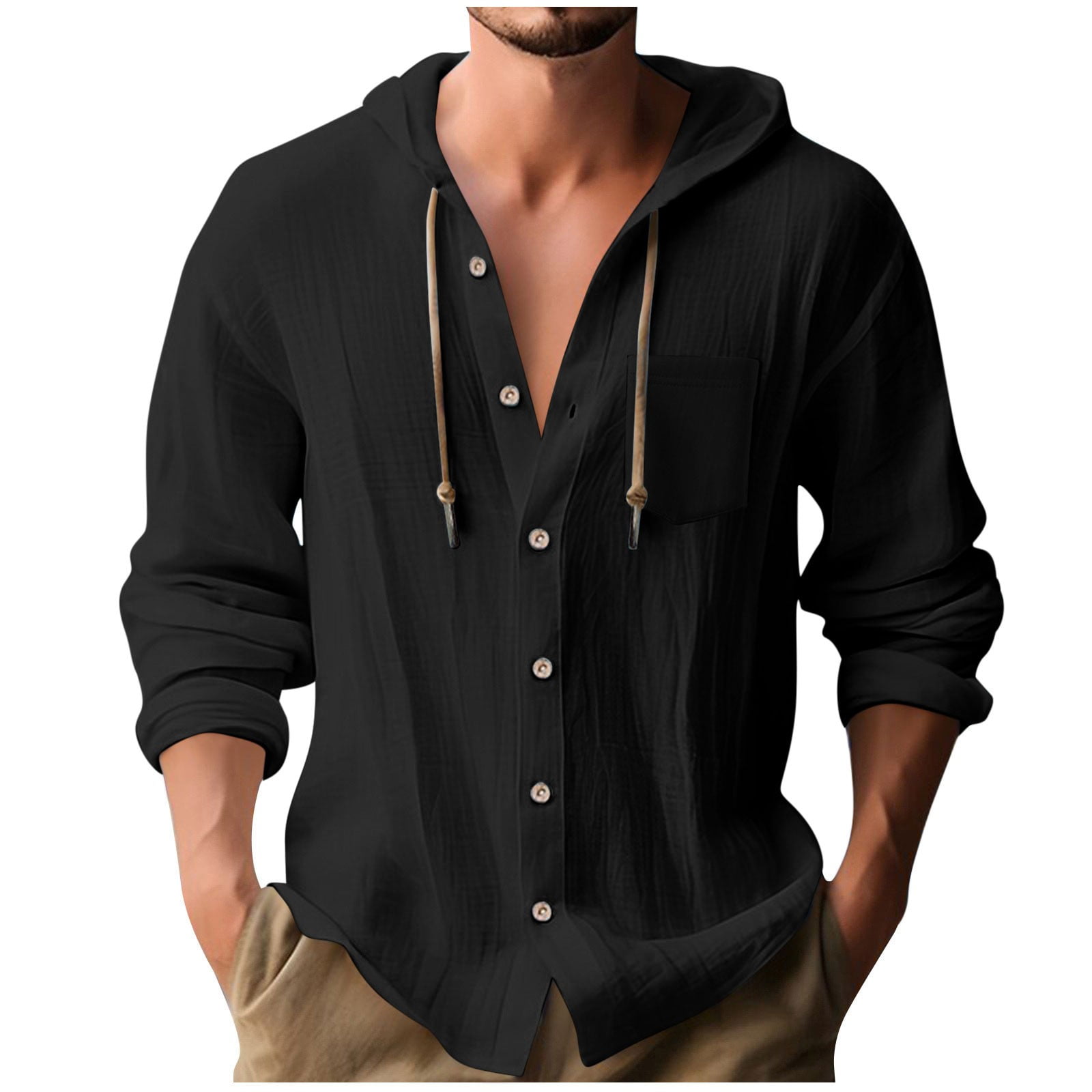 Black Mens Long Sleeve Hoods Outfits for Man Boat Neck Faux Gauze Linen ...
