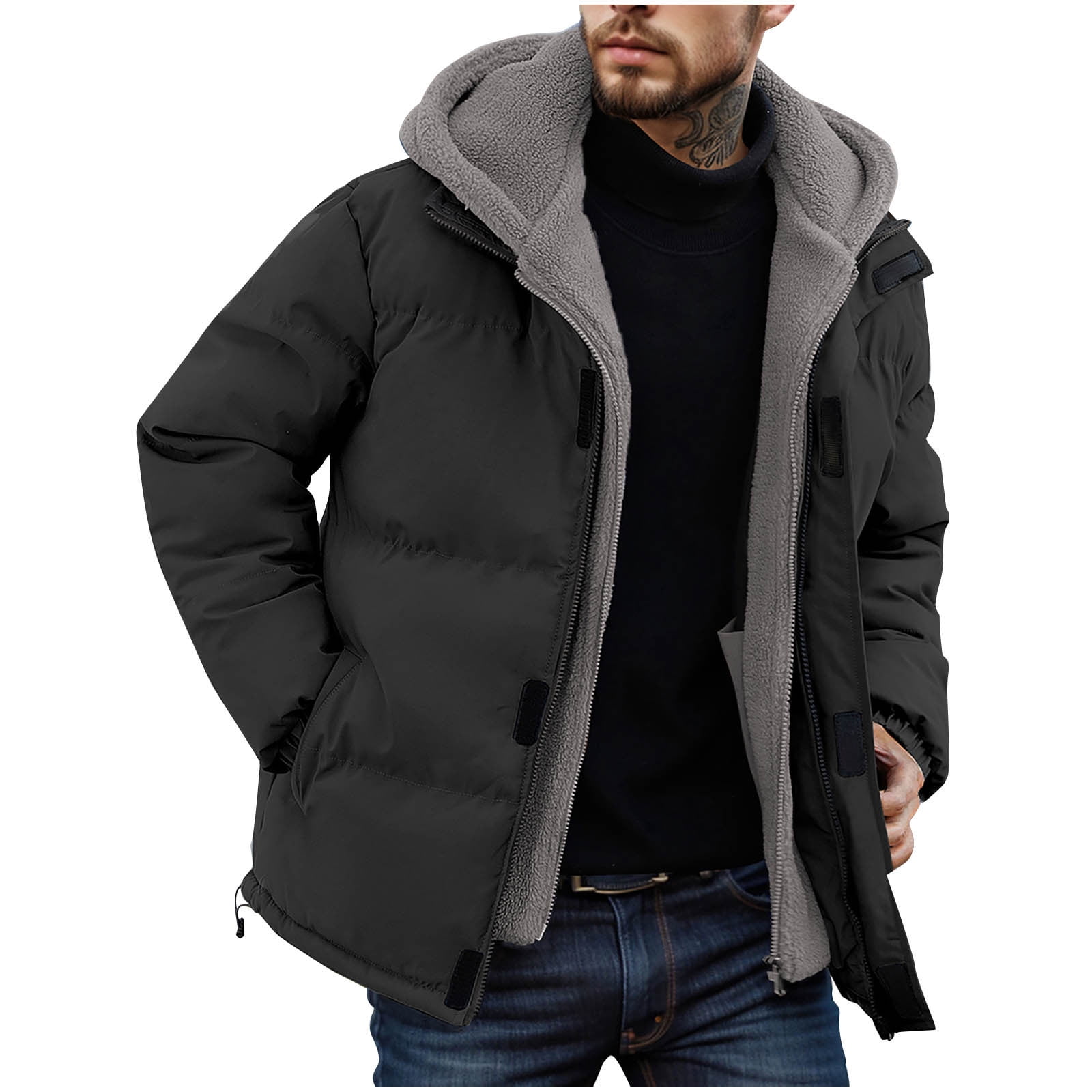 Black Mens Long Sleeve Puffer Jackets Hoodies Trench Outfits for Mens ...