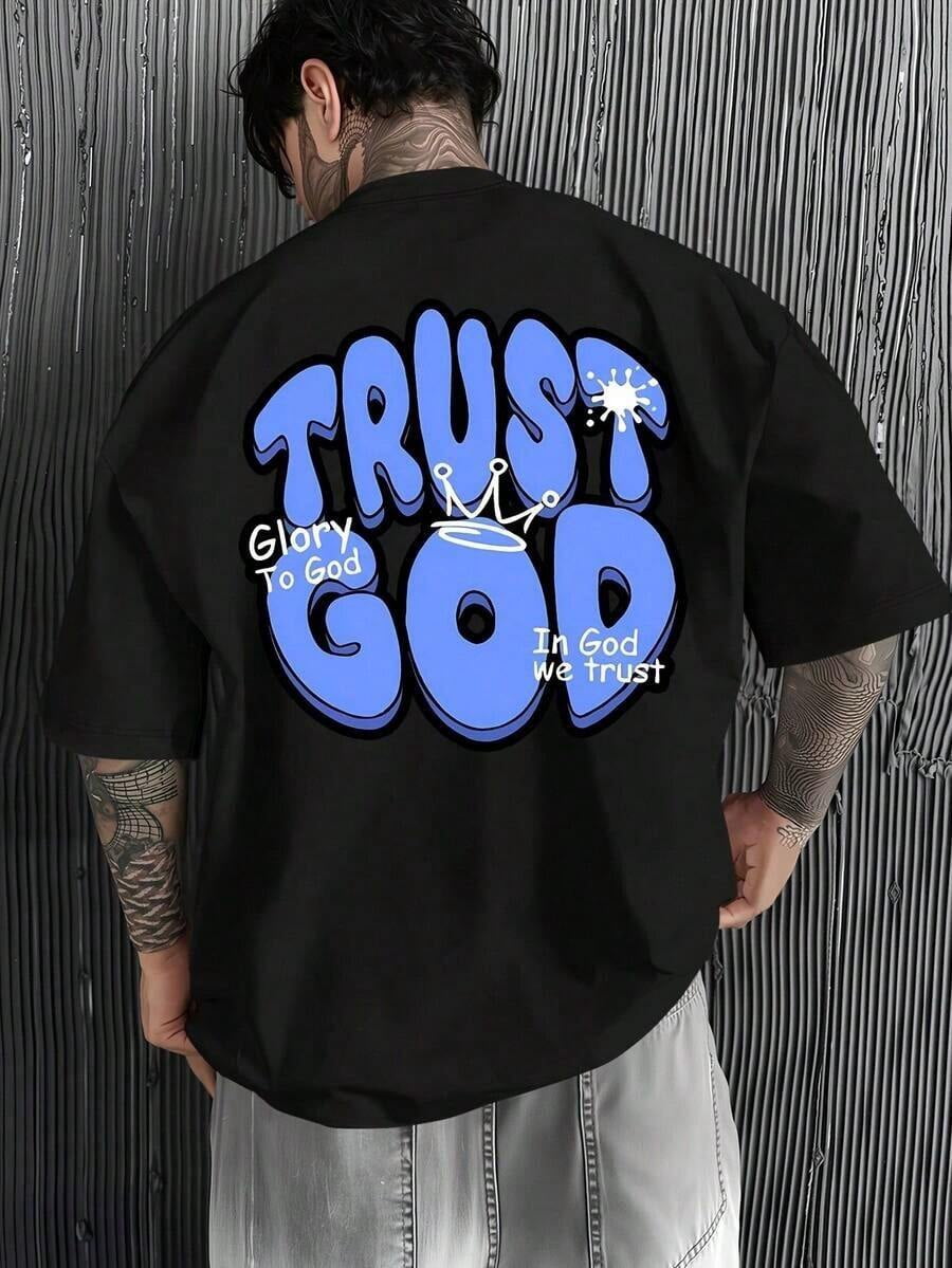 Black Mens Loose Fit Crew Neck Graphic T-Shirt - Trust God With Crown ...