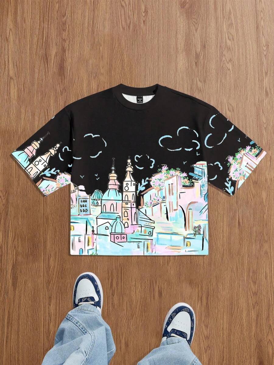 Black Mens Loose Fit Graphic Print T-Shirt With Colorful Mediterranean ...