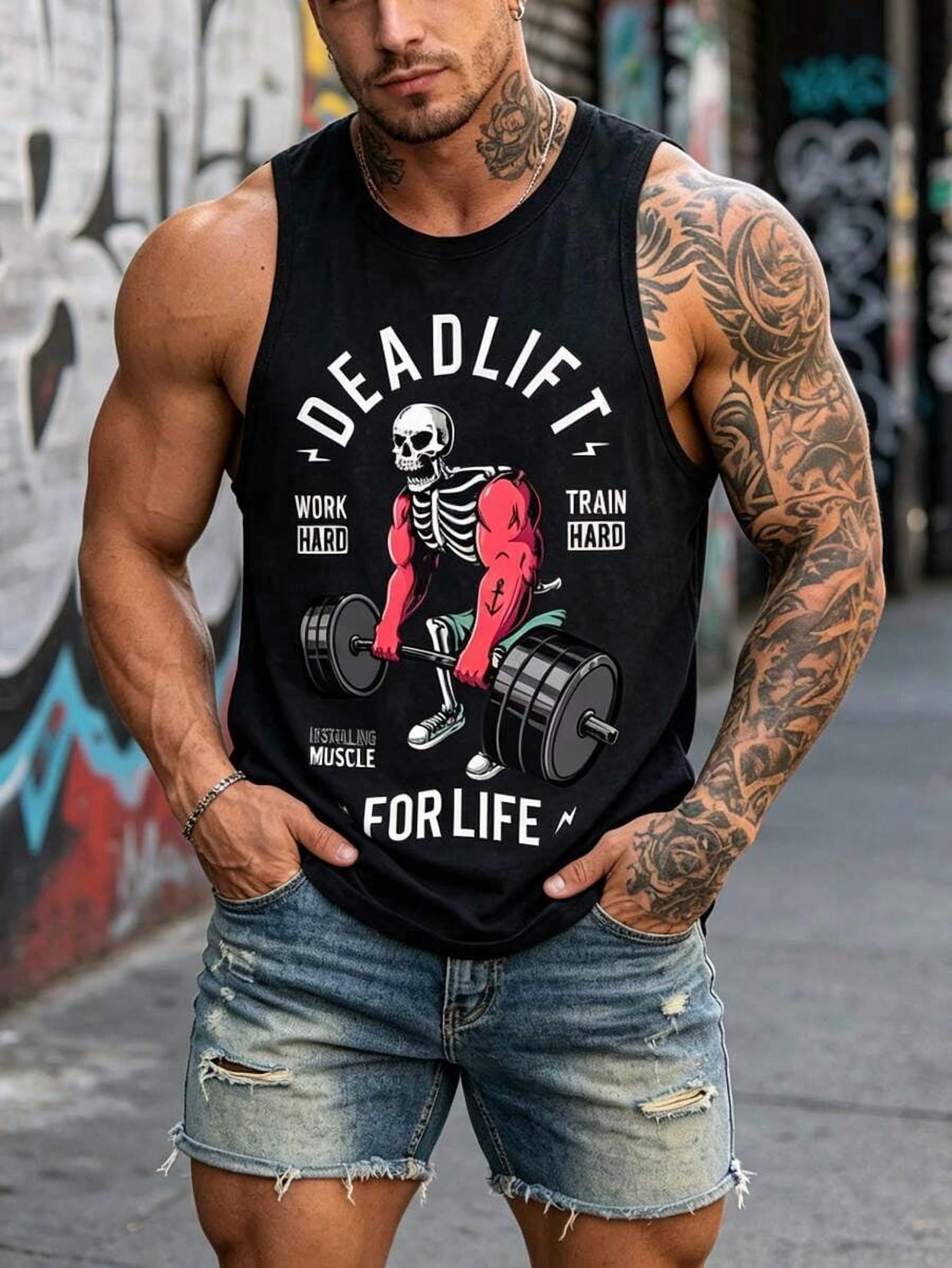 Black Mens Muscle Tank Top With Deadlift Skull Graphic - Motivational ...
