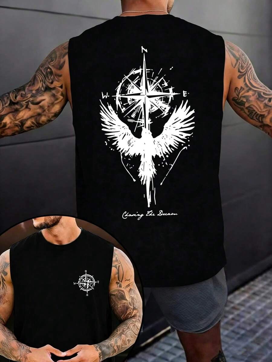 Black Mens Muscle Tank Top With White Compass And Phoenix Print ...
