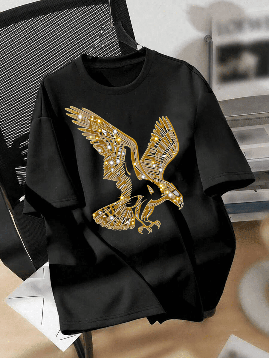 Black Mens Oversized Cotton T-Shirt With Golden Eagle Graphic And Shiny ...