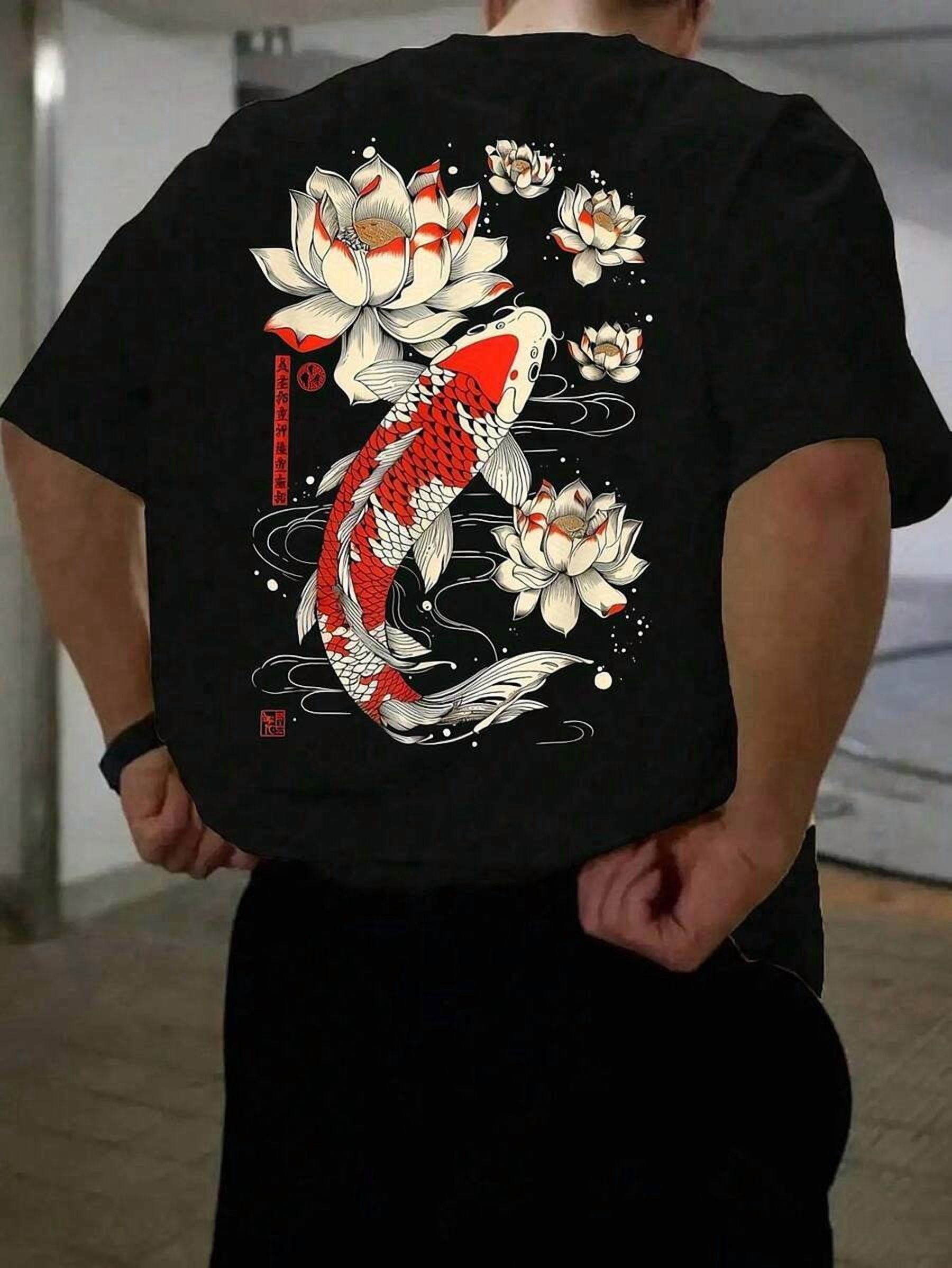 Black Mens Oversized Graphic T-Shirt With Koi Fish And Lotus Print ...