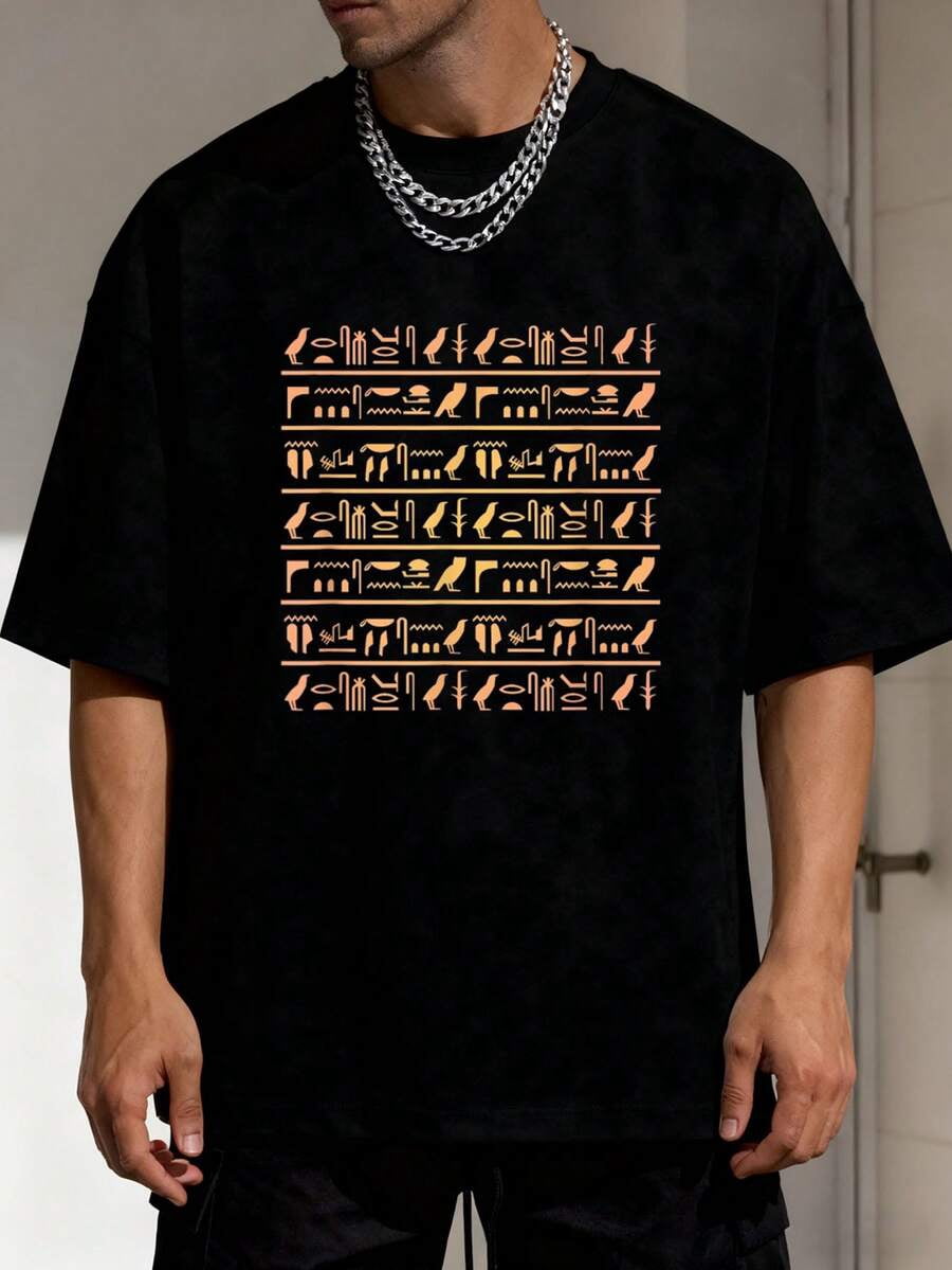 Black Mens Oversized Graphic Tee With Egyptian Hieroglyphics Print ...