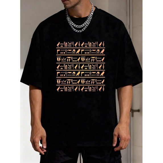 Black Mens Oversized Graphic Tee With Egyptian Hieroglyphics Print ...