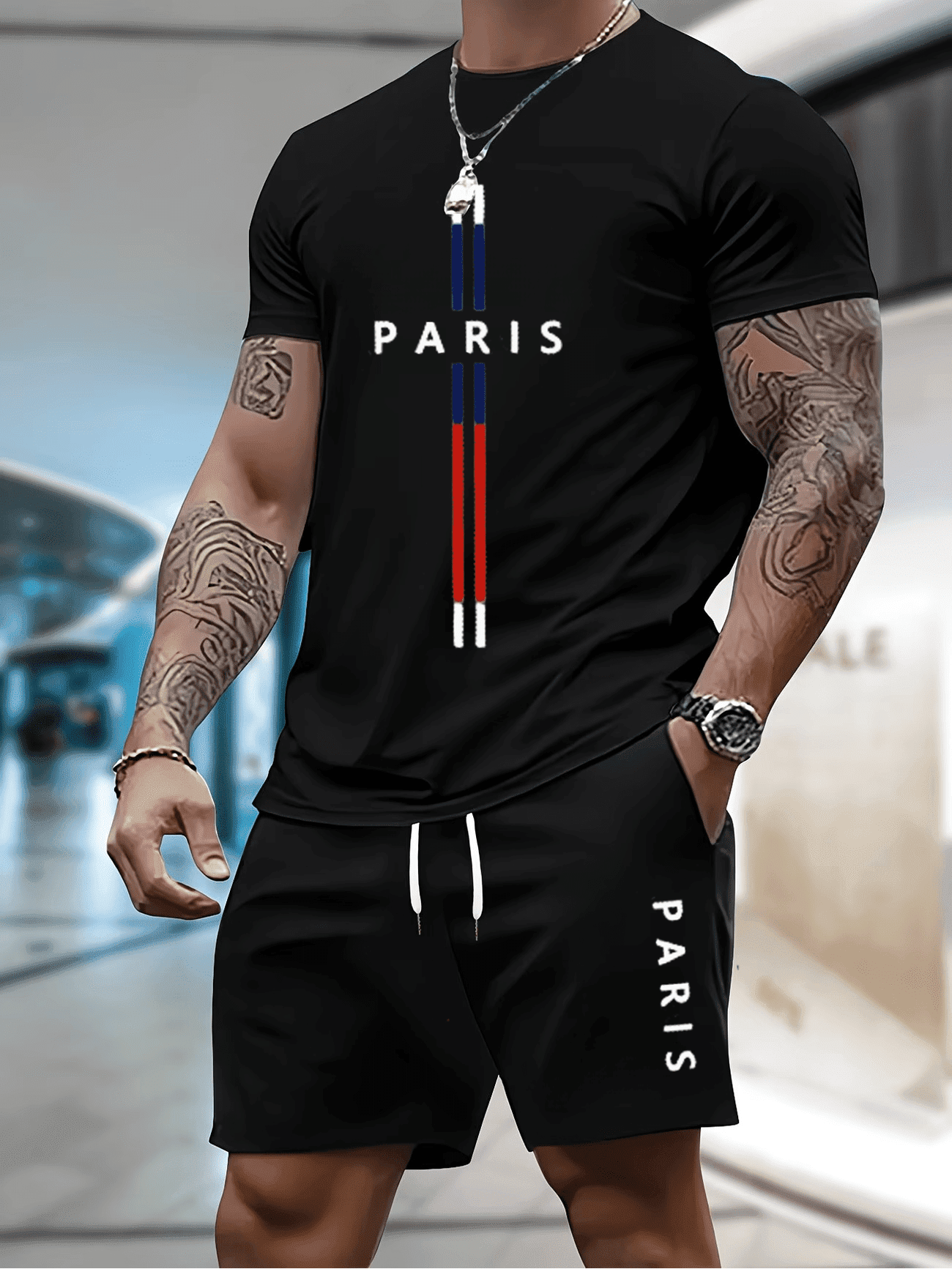 Black Mens Paris Print Short Sleeve T-Shirt And Shorts Two-Piece Set ...