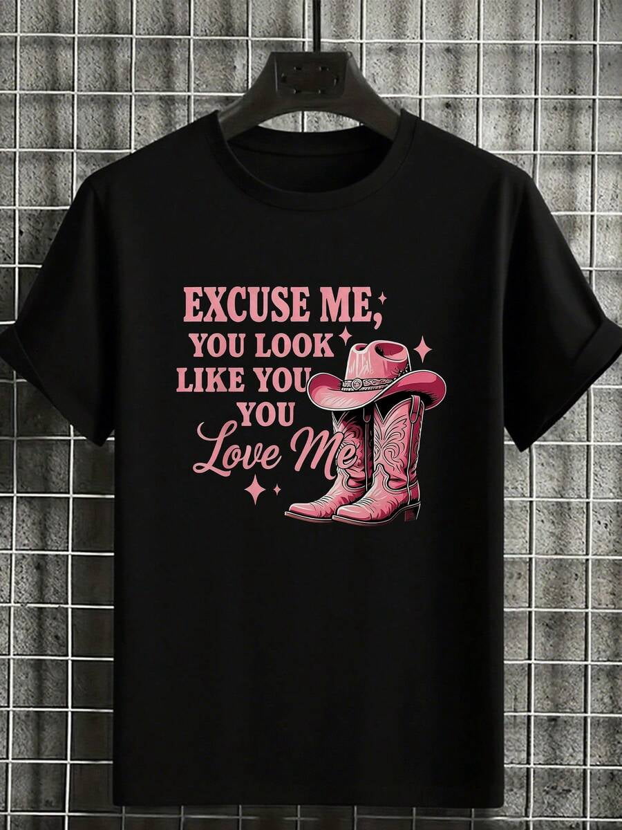 Black Mens Plus Size Graphic T-Shirt With Pink Cowboy Boots Design And ...