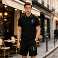 Black Mens Polo Shirt And Shorts Set With Tree Print, Contrast Trim ...