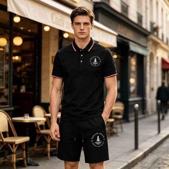 Black Mens Polo Shirt And Shorts Set With Tree Print, Contrast Trim ...