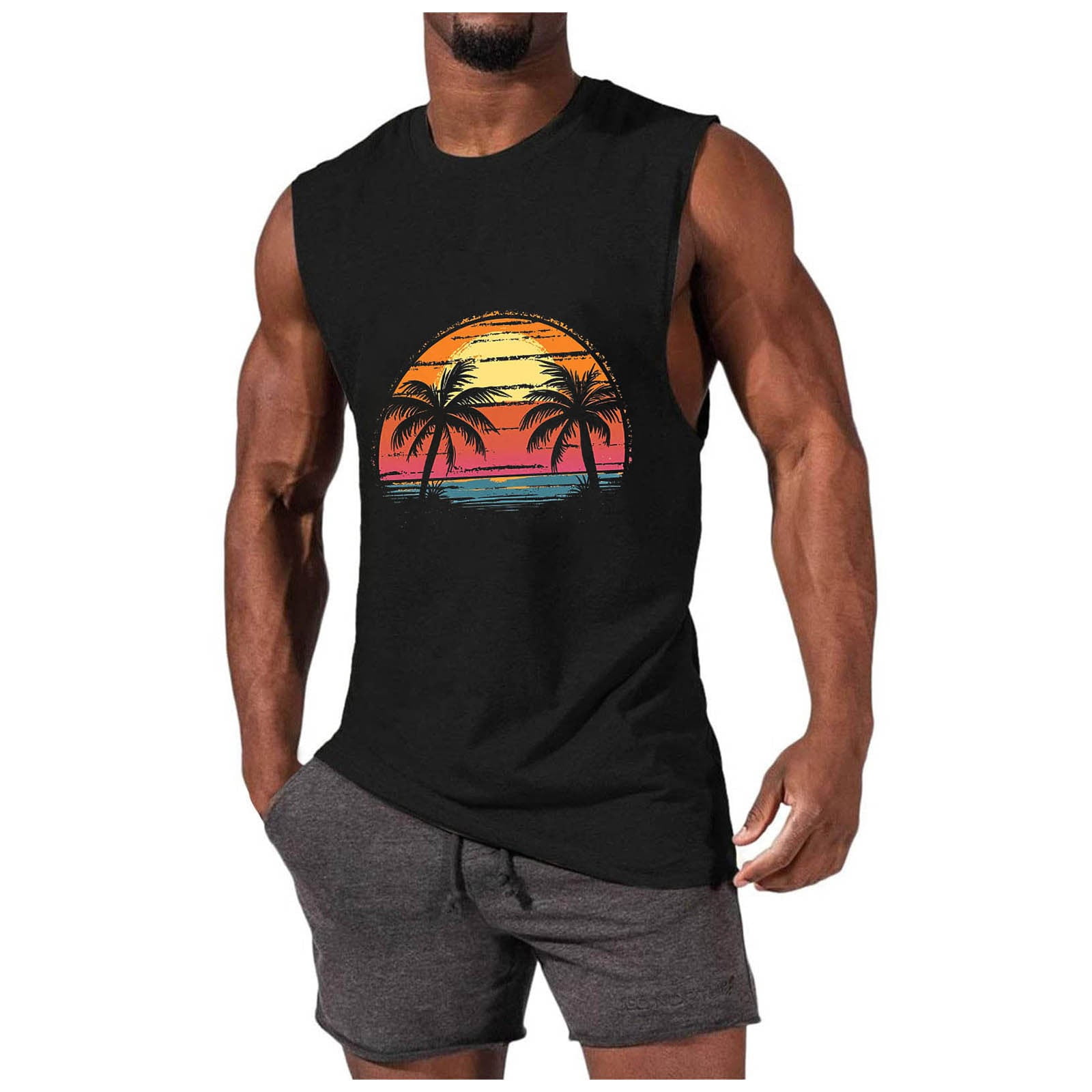 Black Mens Print Vests Crewneck Vest Tops for Mens Track Athletic Beach ...