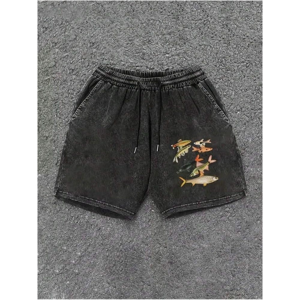 Black Mens Printed Denim Shorts, Washed Loose Fit With Fish Graphic ...