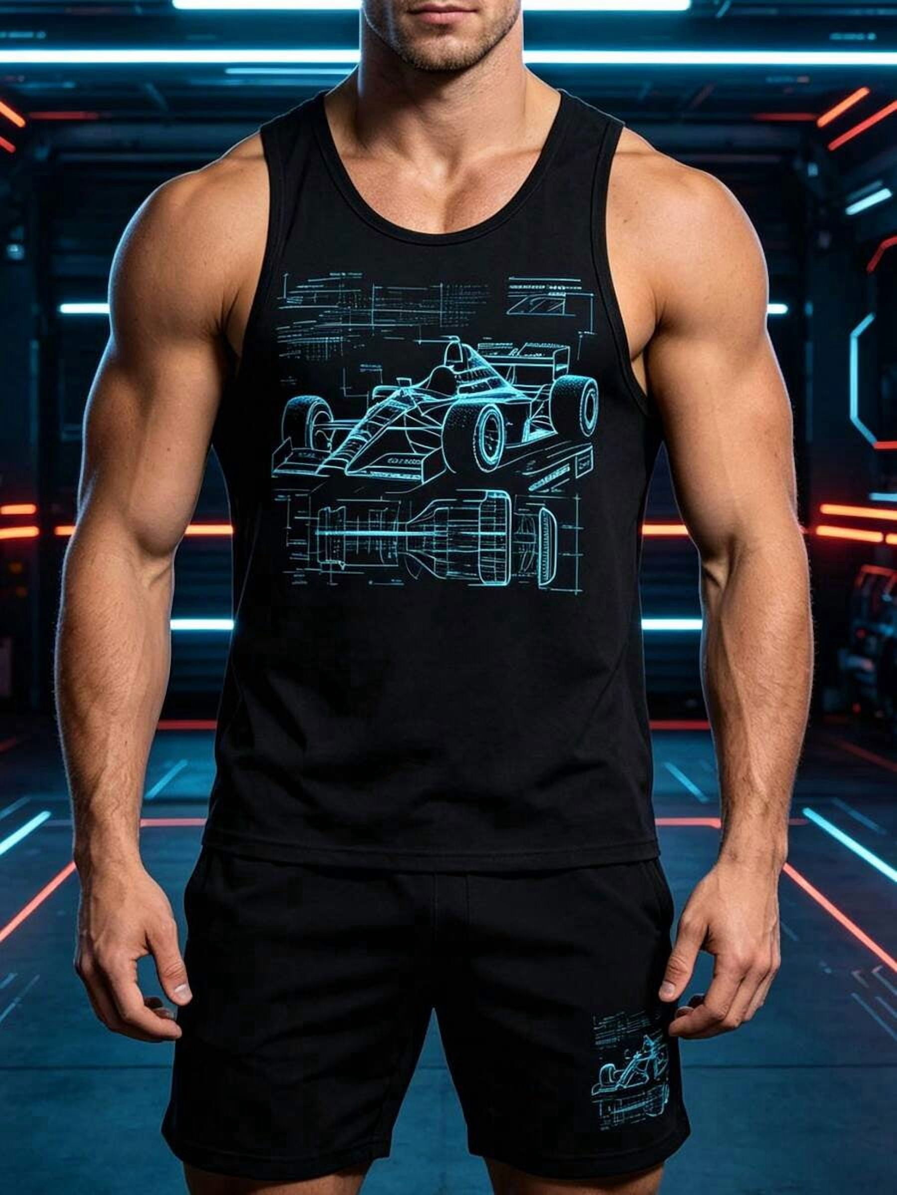 Black Mens Racing Blueprint Graphic Tank Top – Casual Cotton Muscle ...