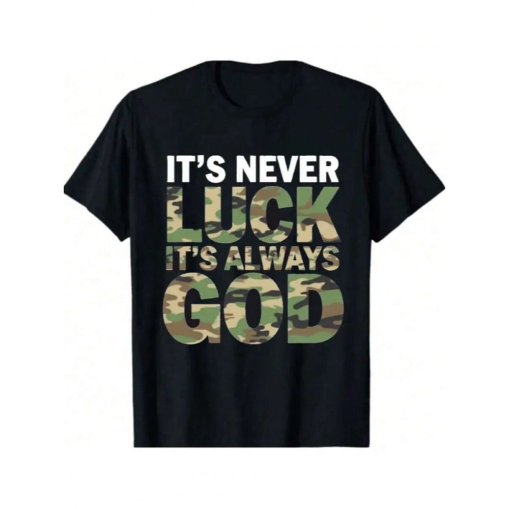 Black Mens Relaxed Fit Graphic T-Shirt With Camo Print Its Never Luck ...
