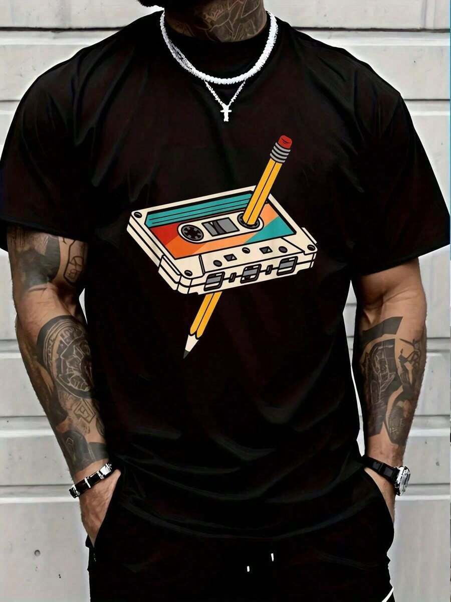 Black Mens Retro Cassette Tape Graphic T-Shirt 100% Cotton Round Neck ...