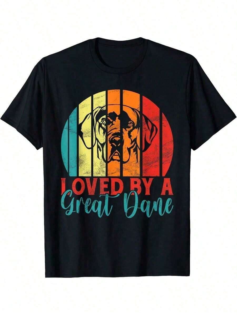 Black Mens Retro Graphic T-Shirt: Loved By A Great Dane, Streetwear ...